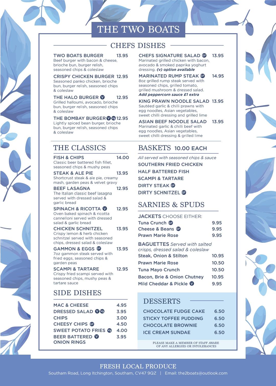 Menu at The Two Boats Inn pub & bar, Long Itchington