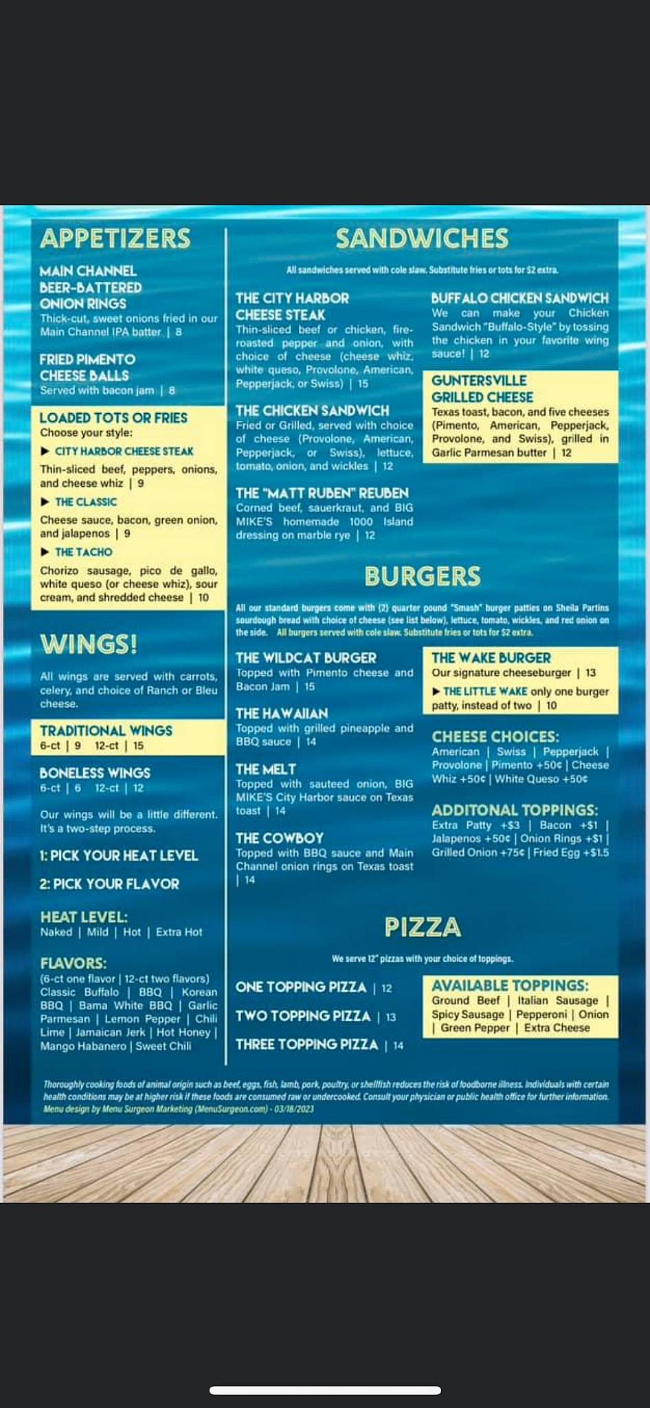 Menu at The Wake By Big Mike's restaurant, Guntersville