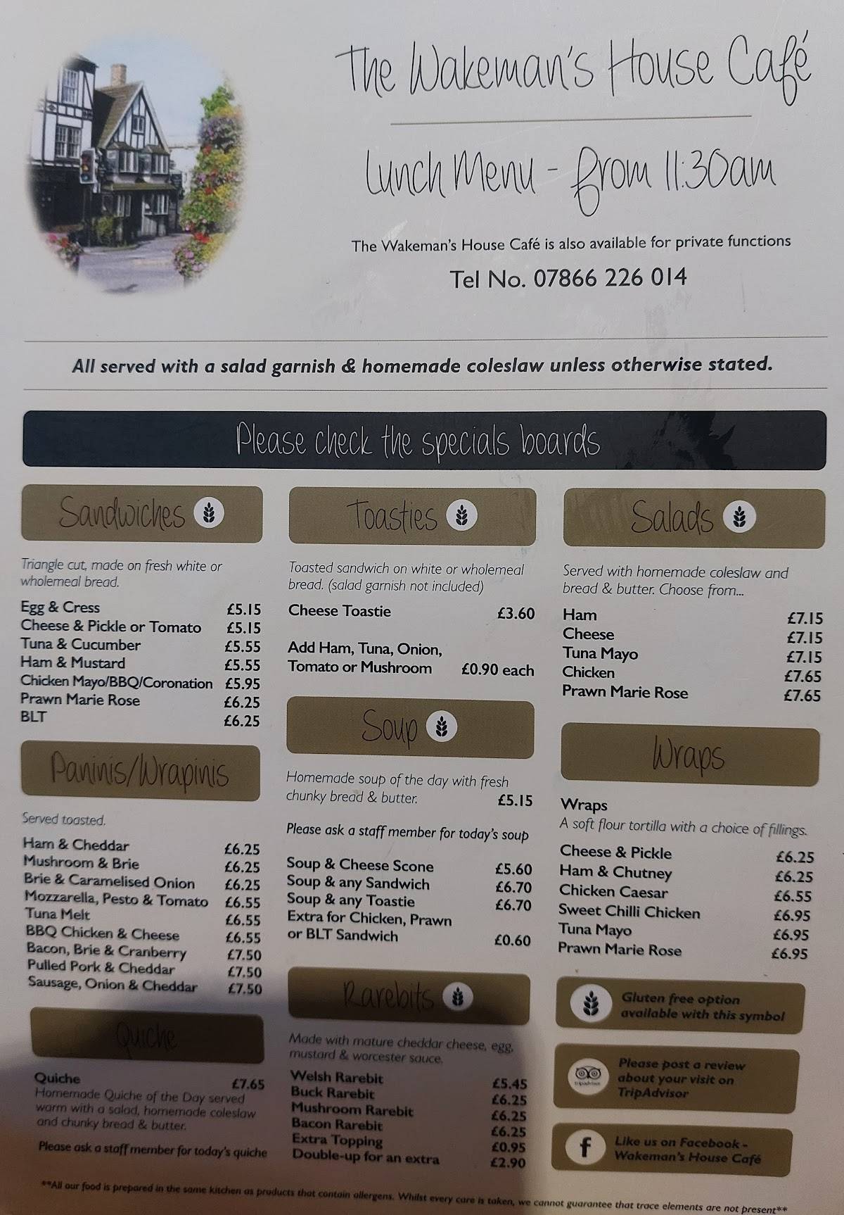 Menu at The Wakeman's House Cafe, Ripon