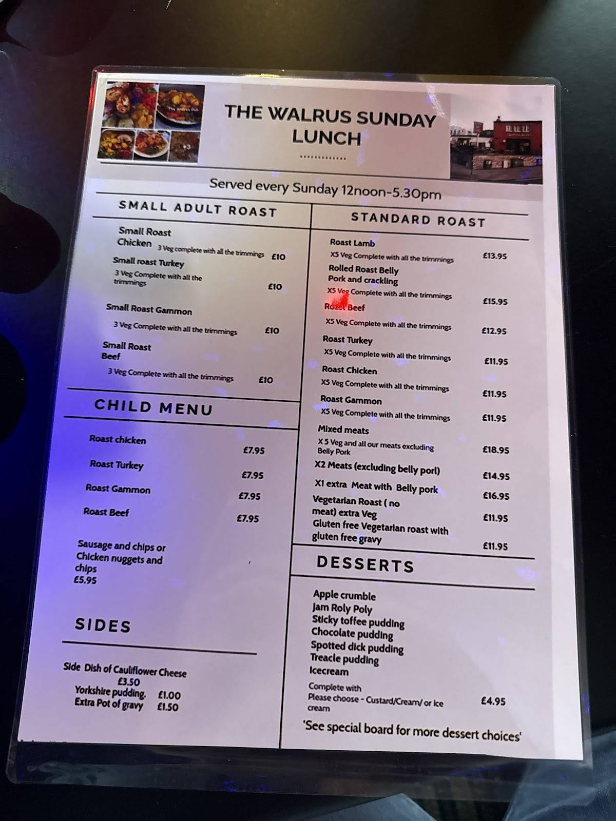 Menu at The Walrus Pub, Plymouth