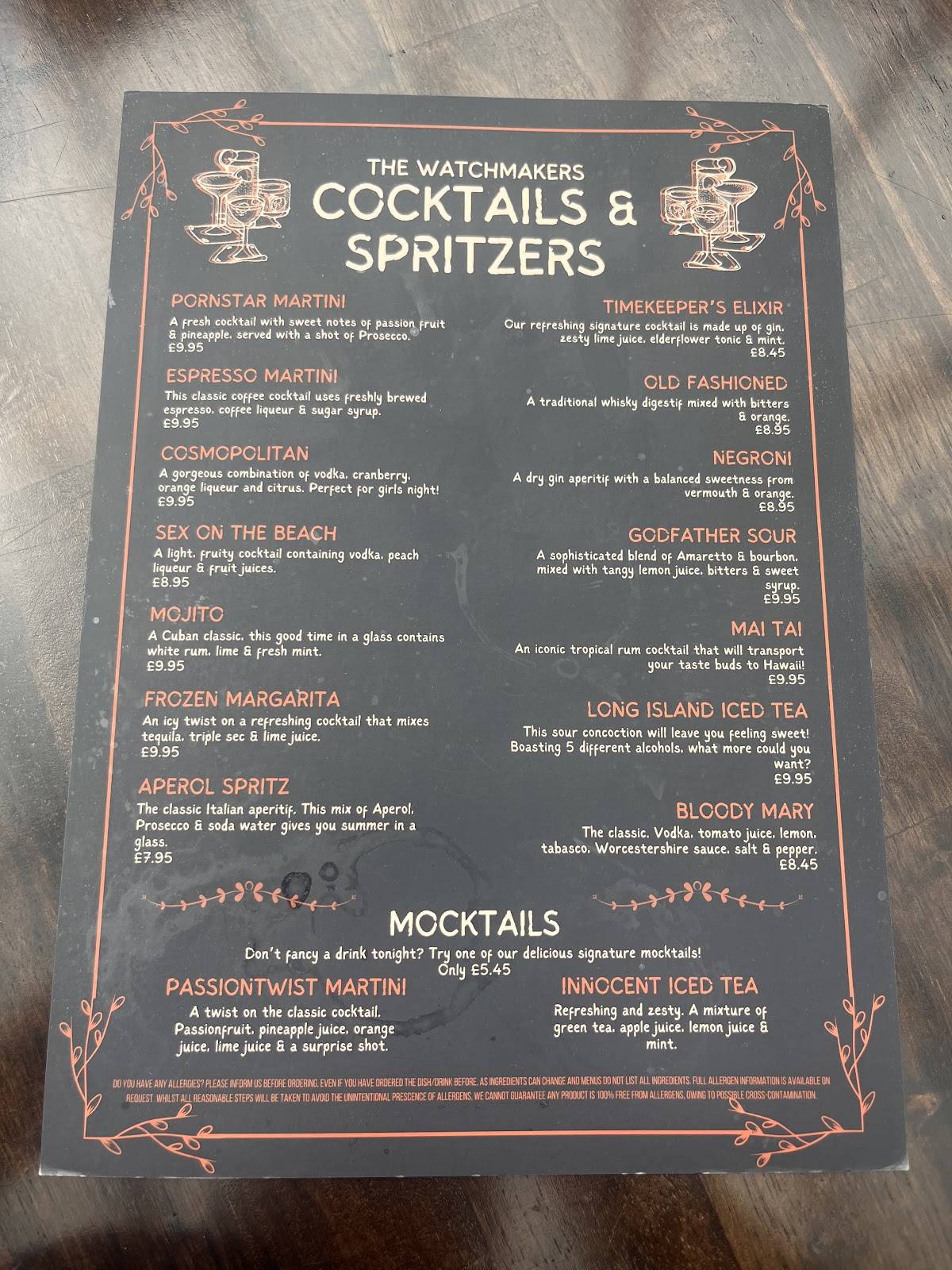 Menu at The Watchmakers Bar and Grill, Halifax
