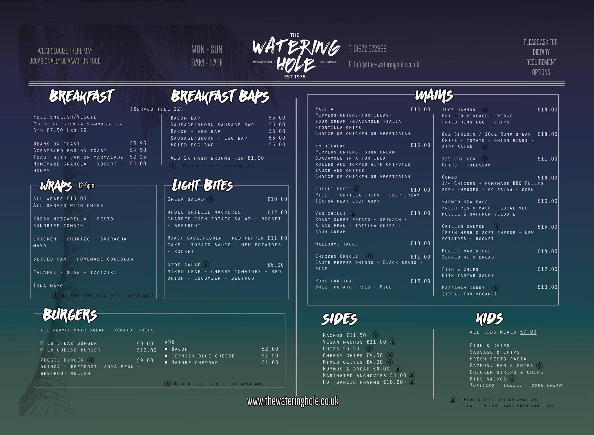 Menu at The Watering Hole pub & bar, Perranporth