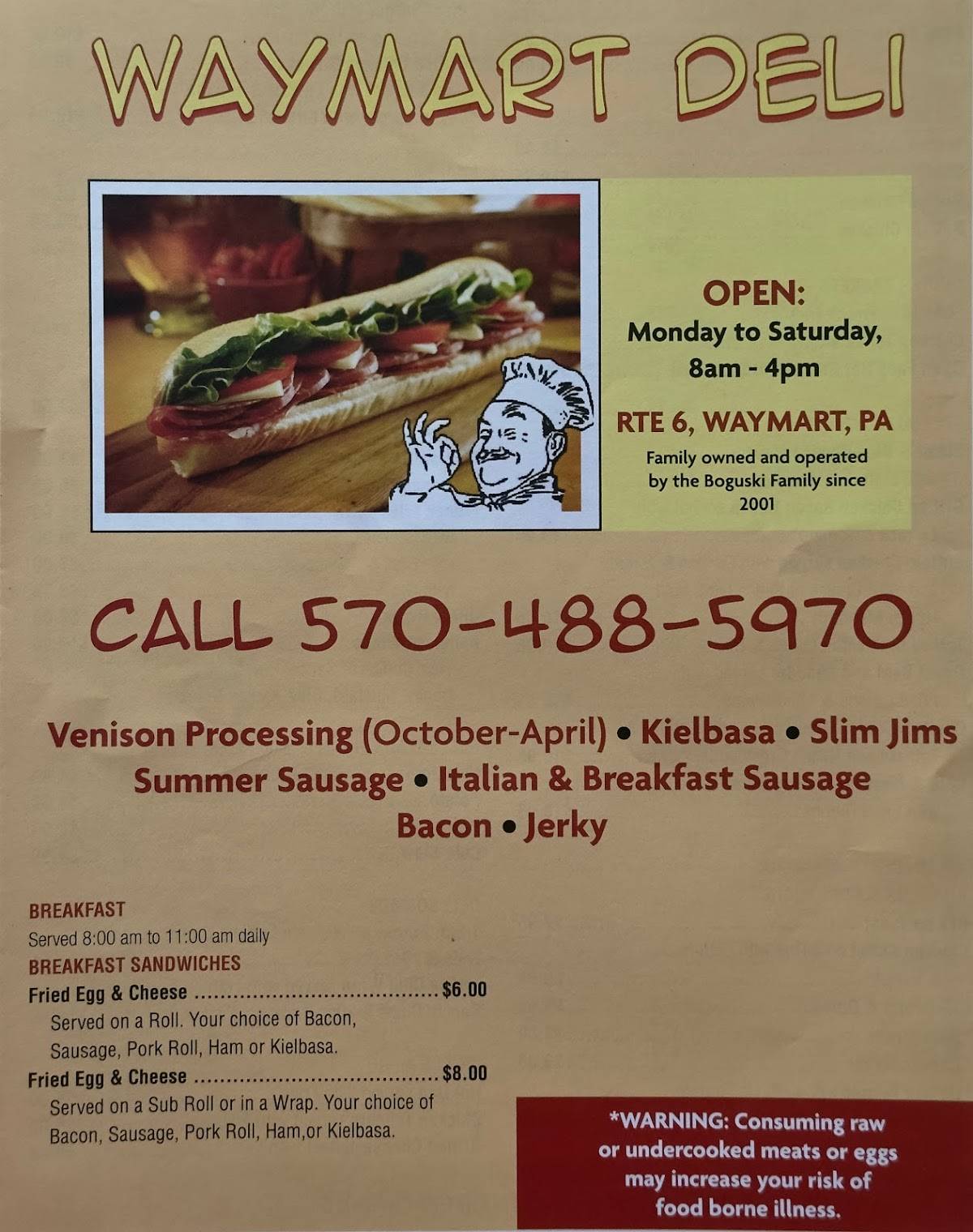 Menu at The Waymart Deli restaurant, Waymart, 618 Roosevelt Hwy