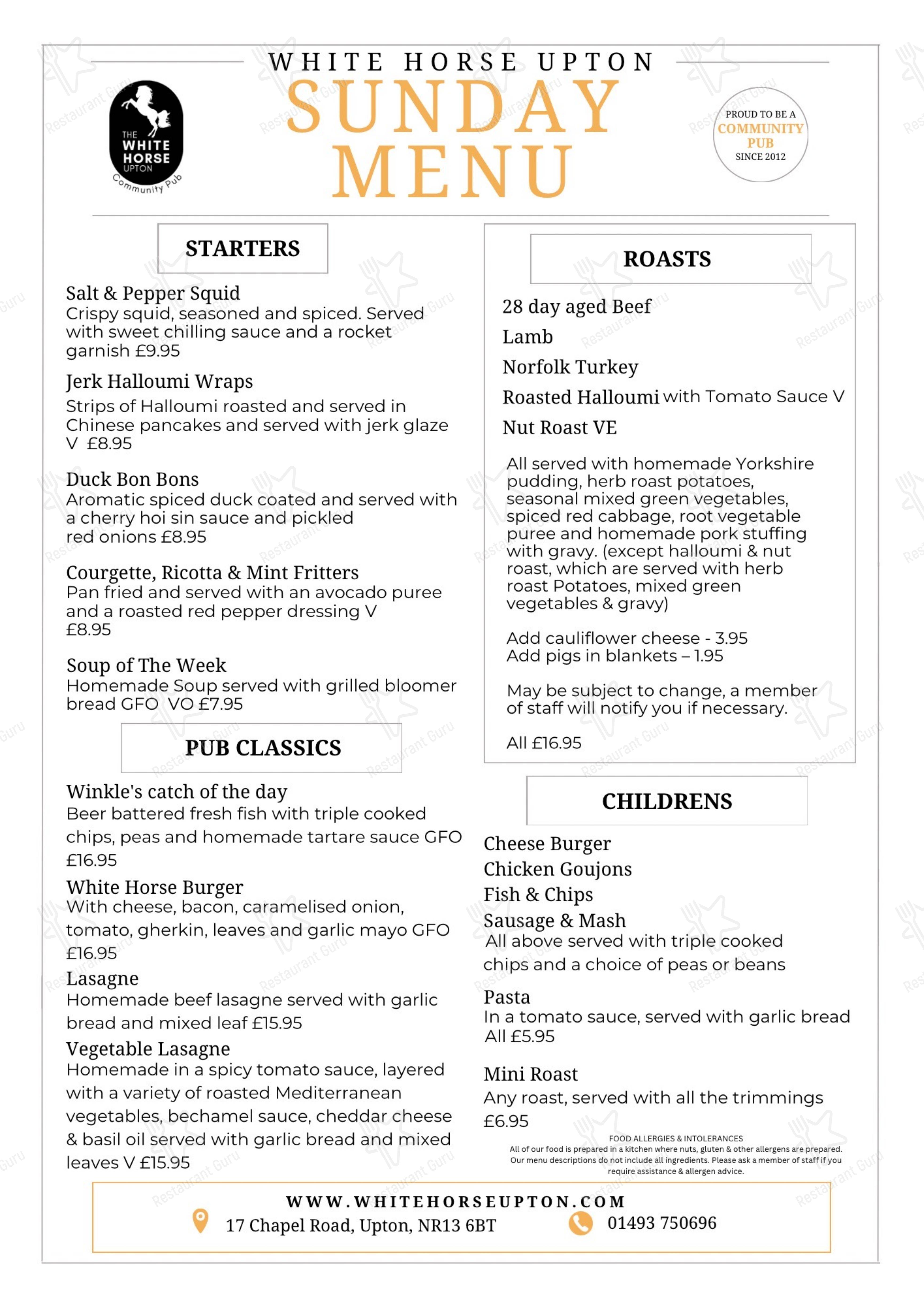 Menu at The White Horse pub & bar, Acle