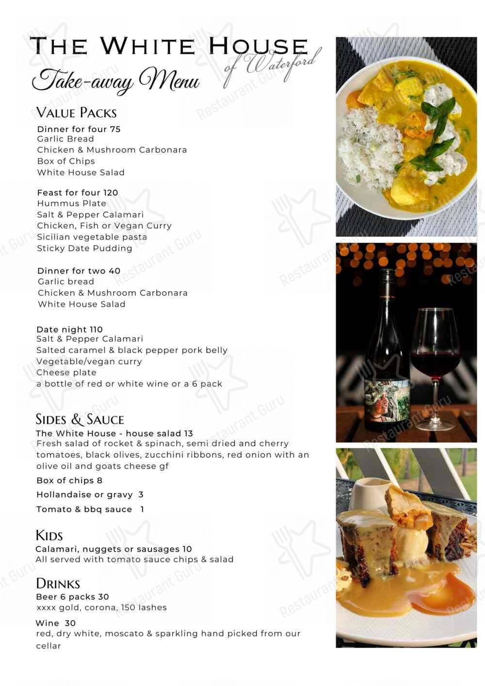 Menu at The Whitehouse Waterford restaurant, Waterford