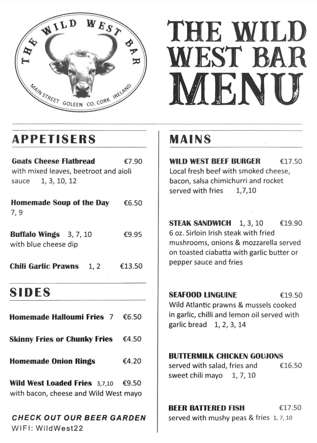 Menu at The Wild West Bar, Goleen