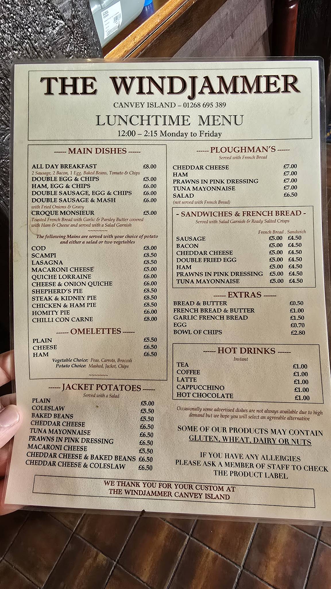 Menu at The Windjammer pub & bar, Canvey Island