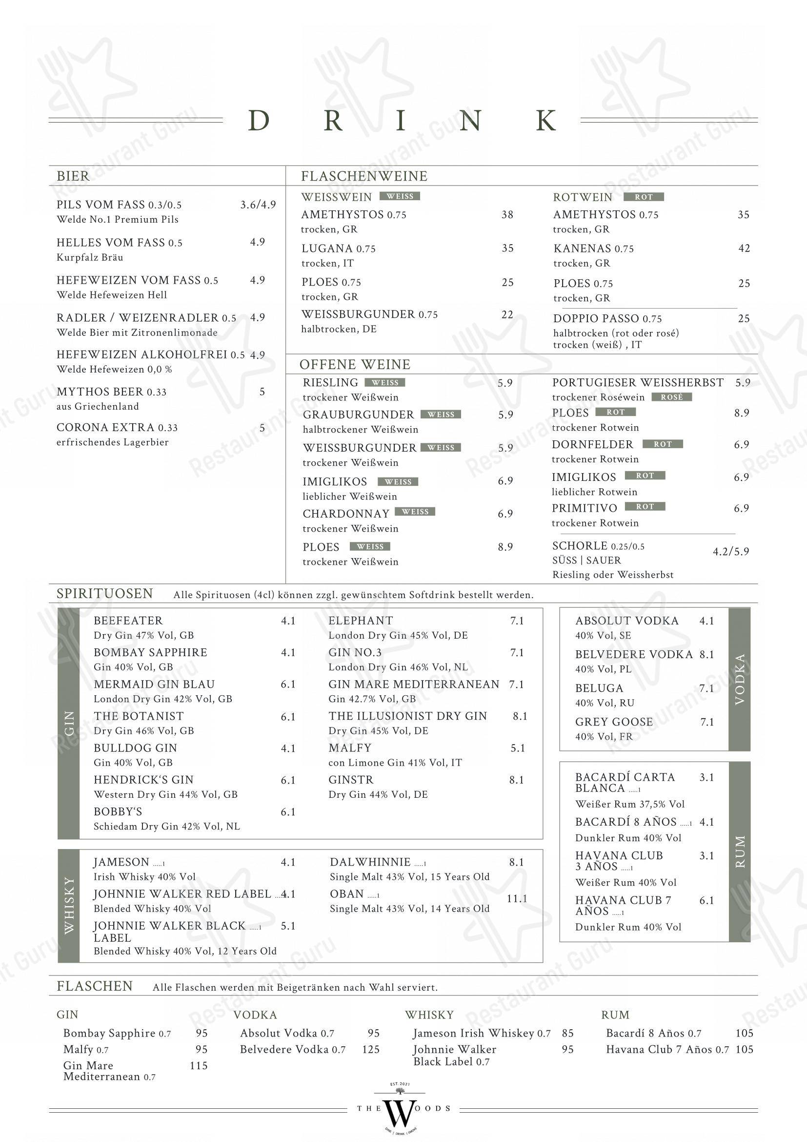 Menu at The Woods restaurant, Ketsch