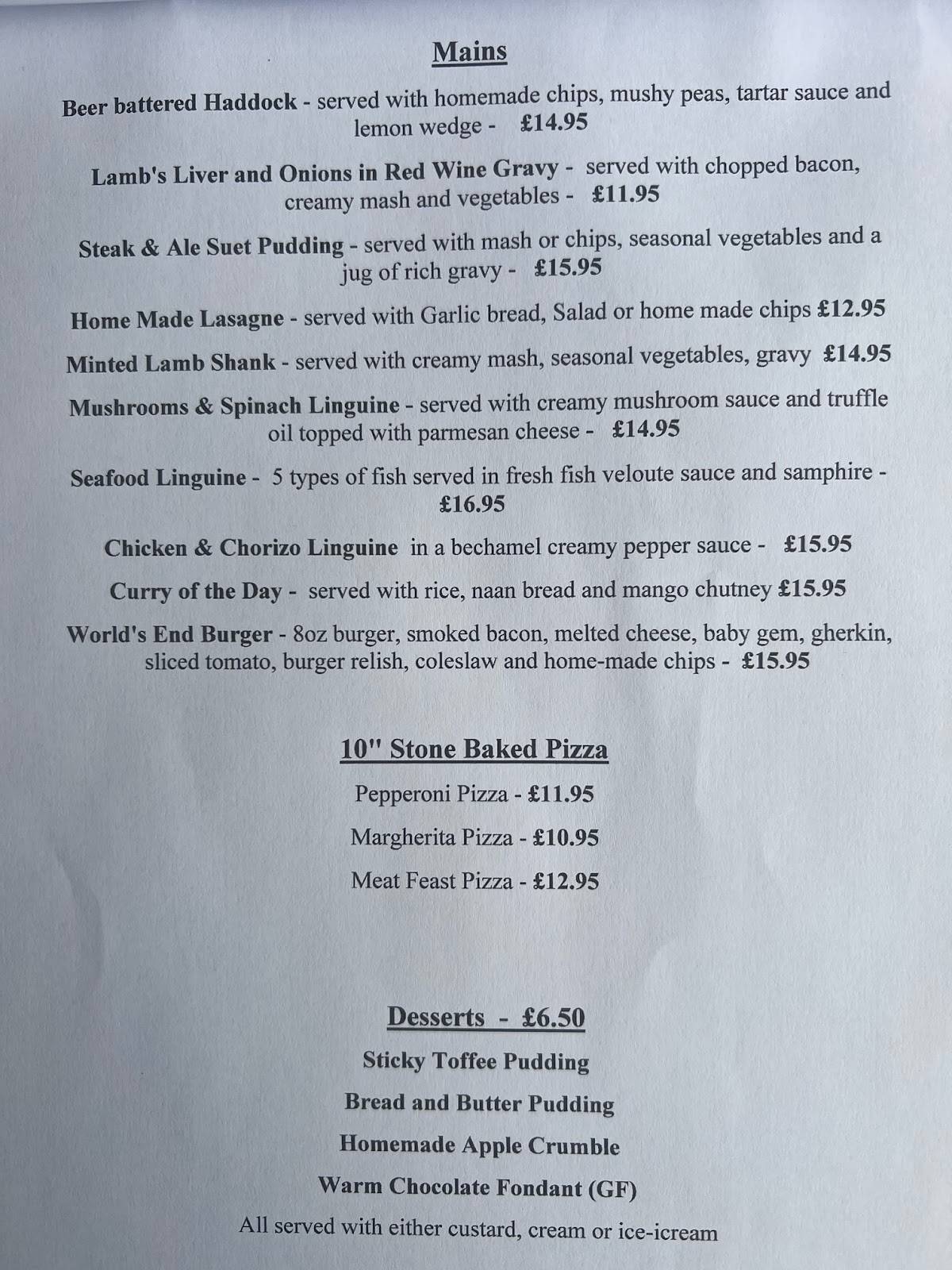 Menu at The World's End Lowdham pub & bar, Lowdham, Plough Ln