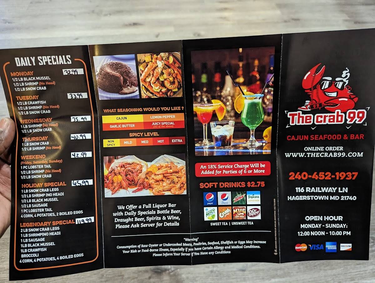 Menu at The Crab 99 restaurant, Hagerstown