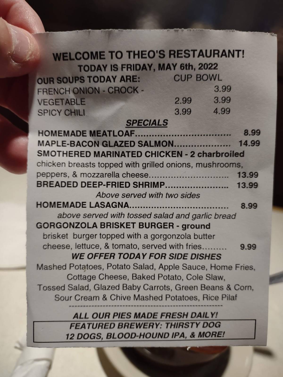Menu at Theo's Restaurant, Cambridge