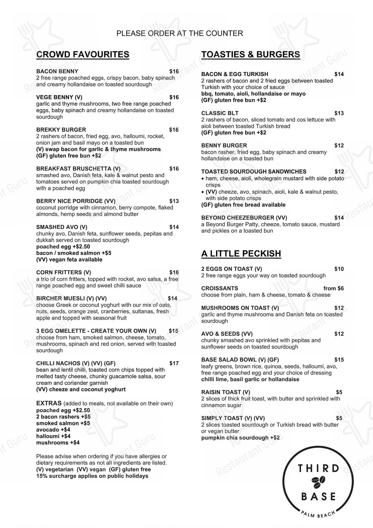 Menu at Third Base Cafe, Palm Beach