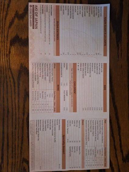 Menu at Aki Of Japan restaurant, Third Lake