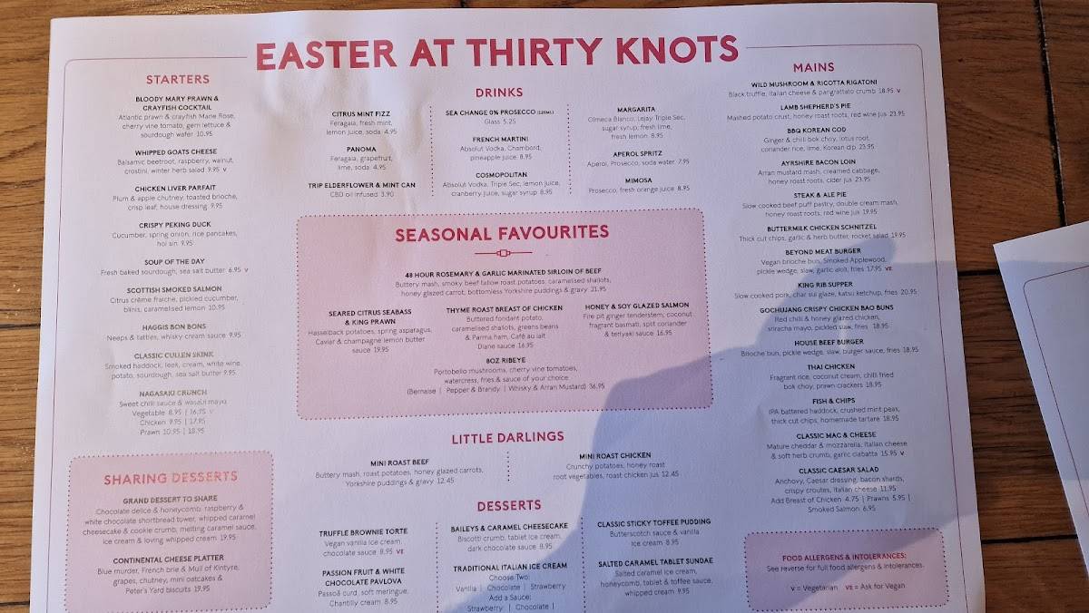 Menu at Thirty Knots pub & bar, Queensferry