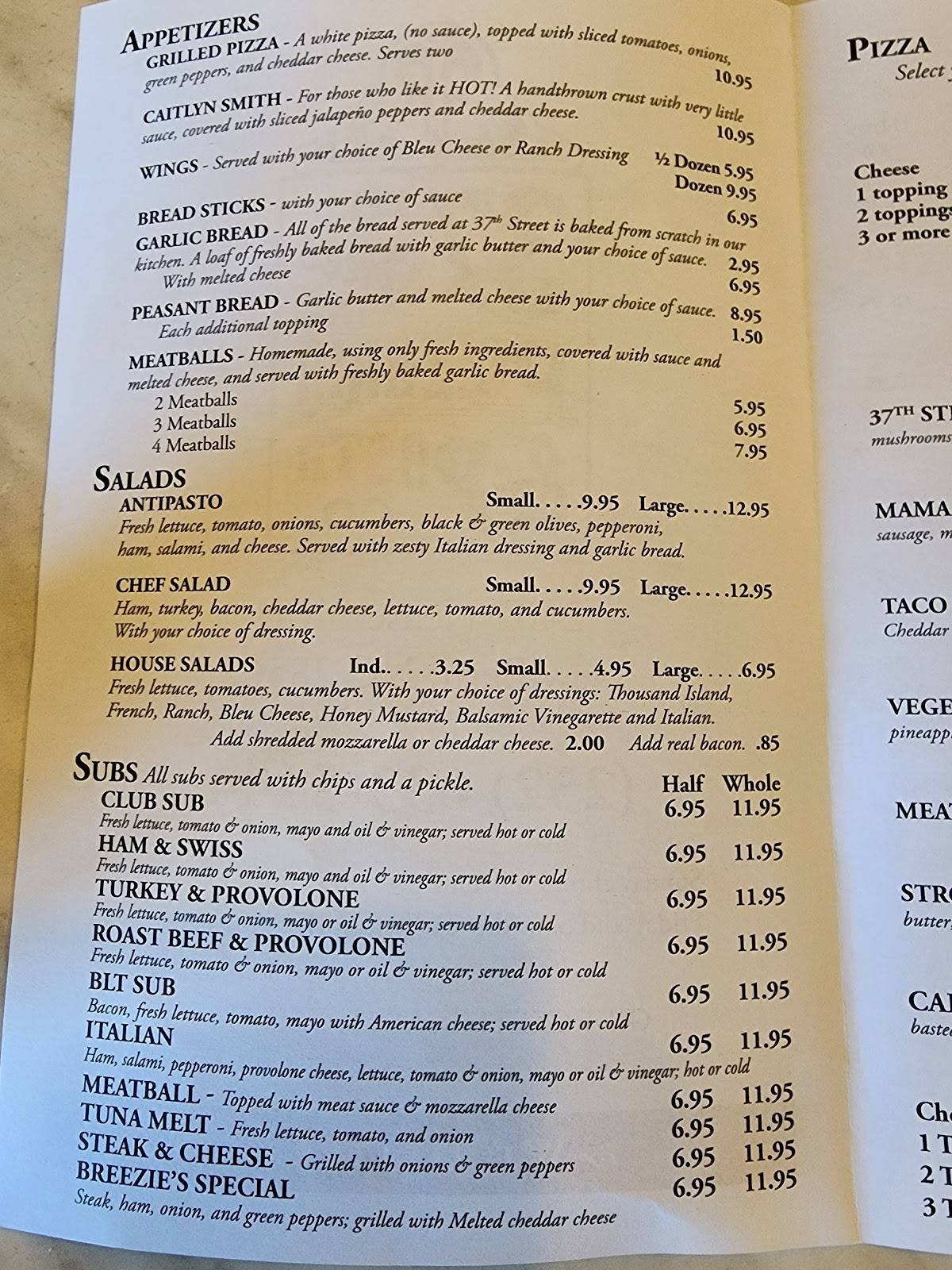 Menu at Thirty Seventh Street Pizzaria pizzeria, New Bern