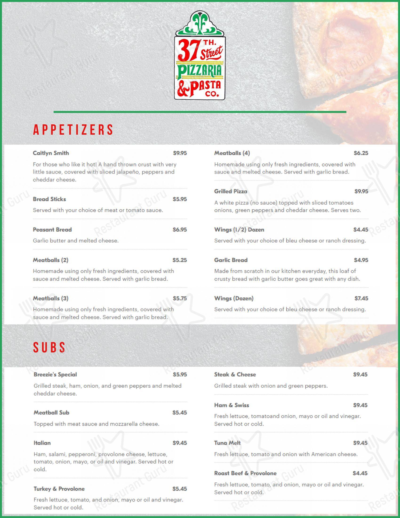 Menu at Thirty Seventh Street Pizzaria pizzeria, New Bern
