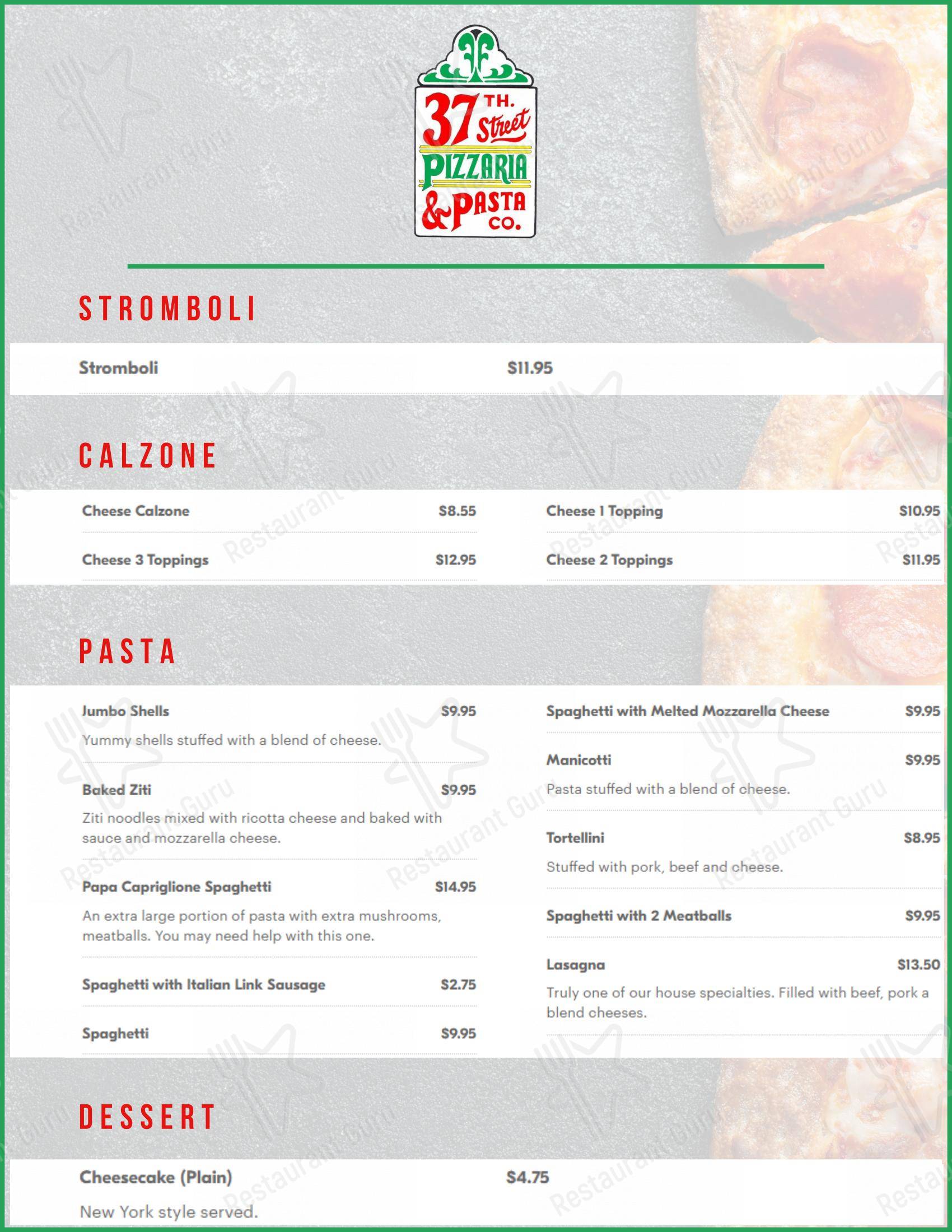 Menu at Thirty Seventh Street Pizzaria pizzeria, New Bern
