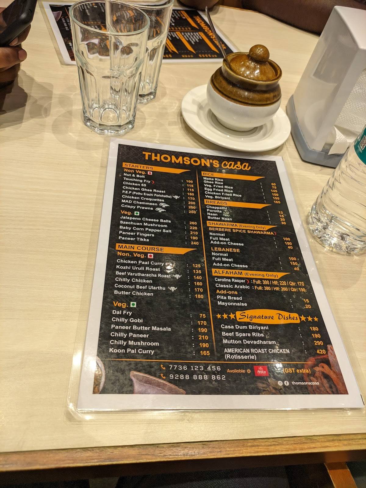 Menu at Thomson's Casa, Thrissur