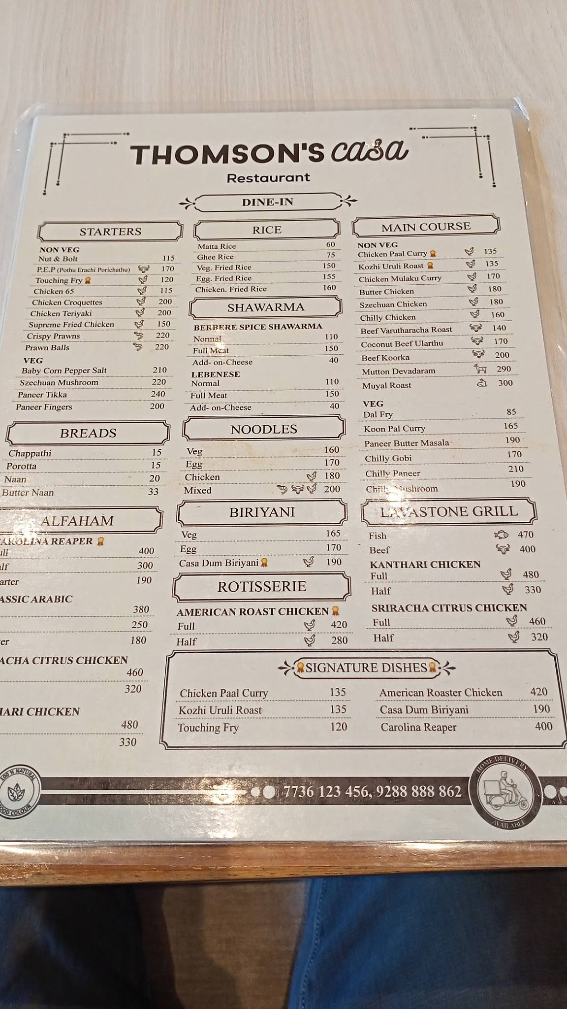 Menu at Thomson's Casa, Thrissur