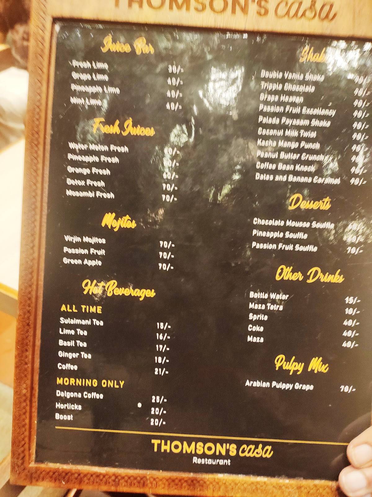 Menu at Thomson's Casa, Thrissur