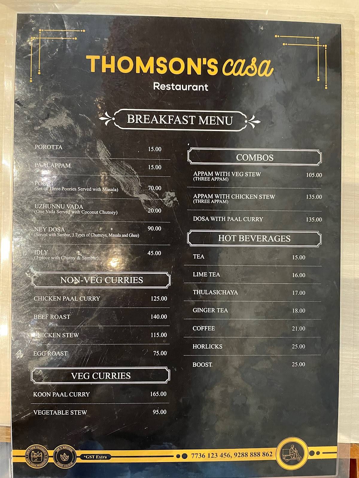 Menu at Thomson's Casa, Thrissur