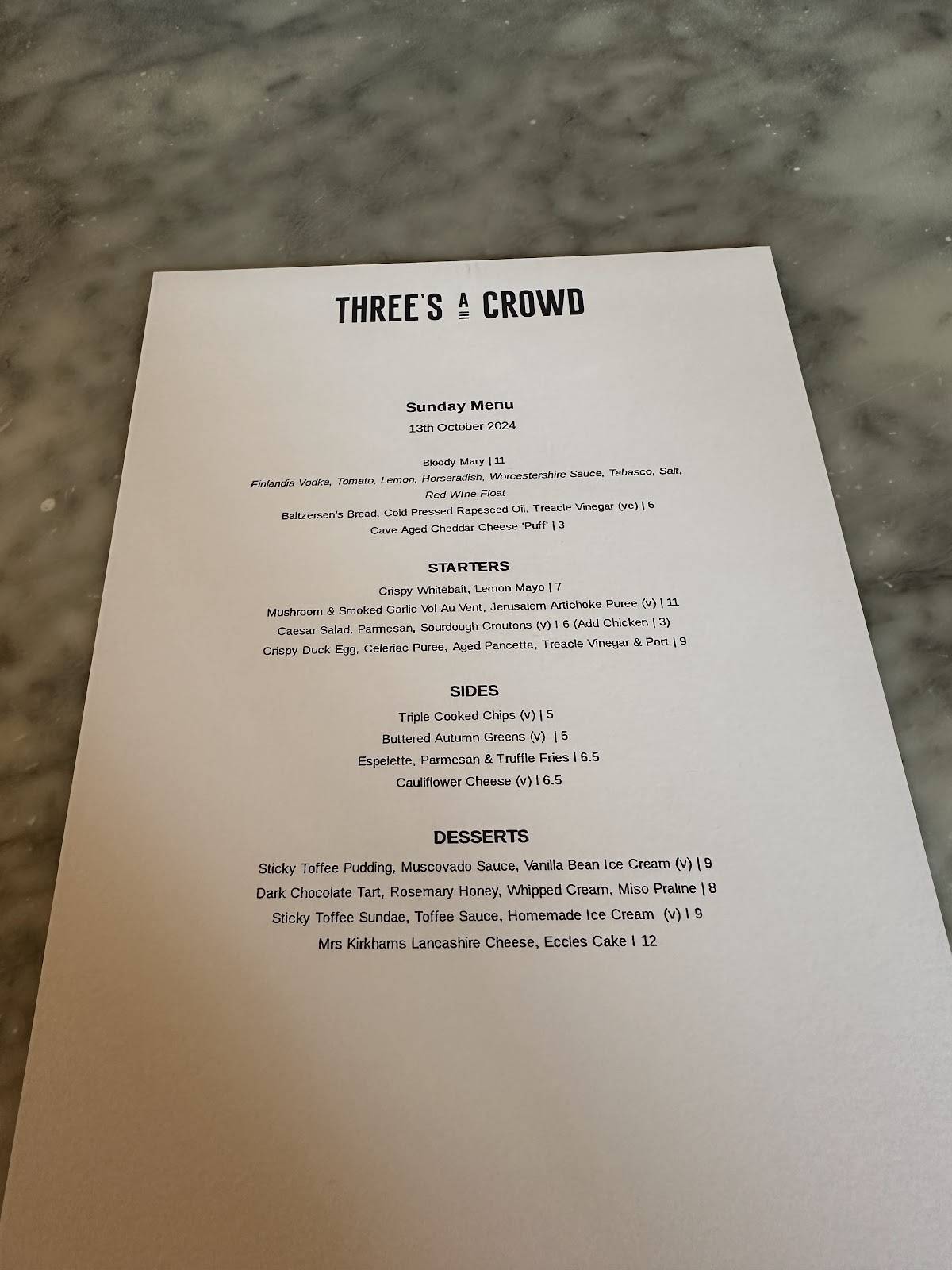 Menu at Three's a Crowd restaurant, Harrogate