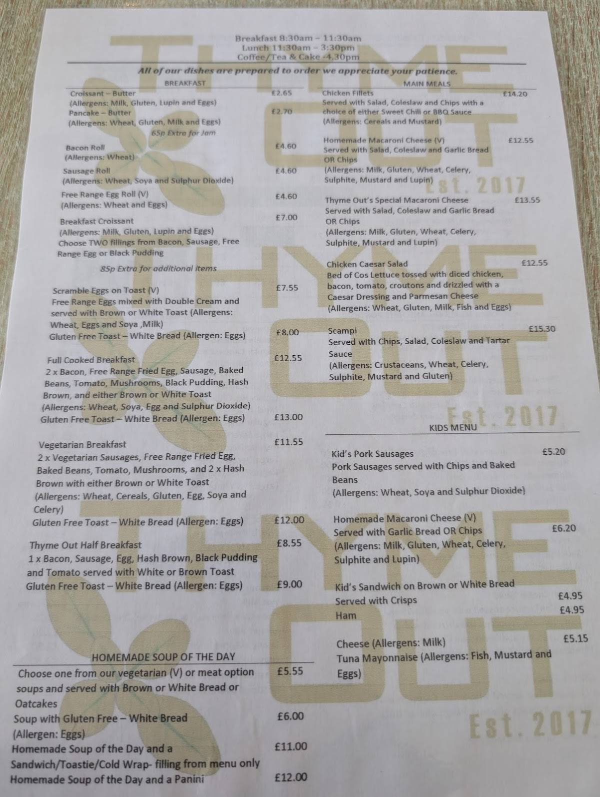 Menu at Thyme Out cafe, Aberdeen
