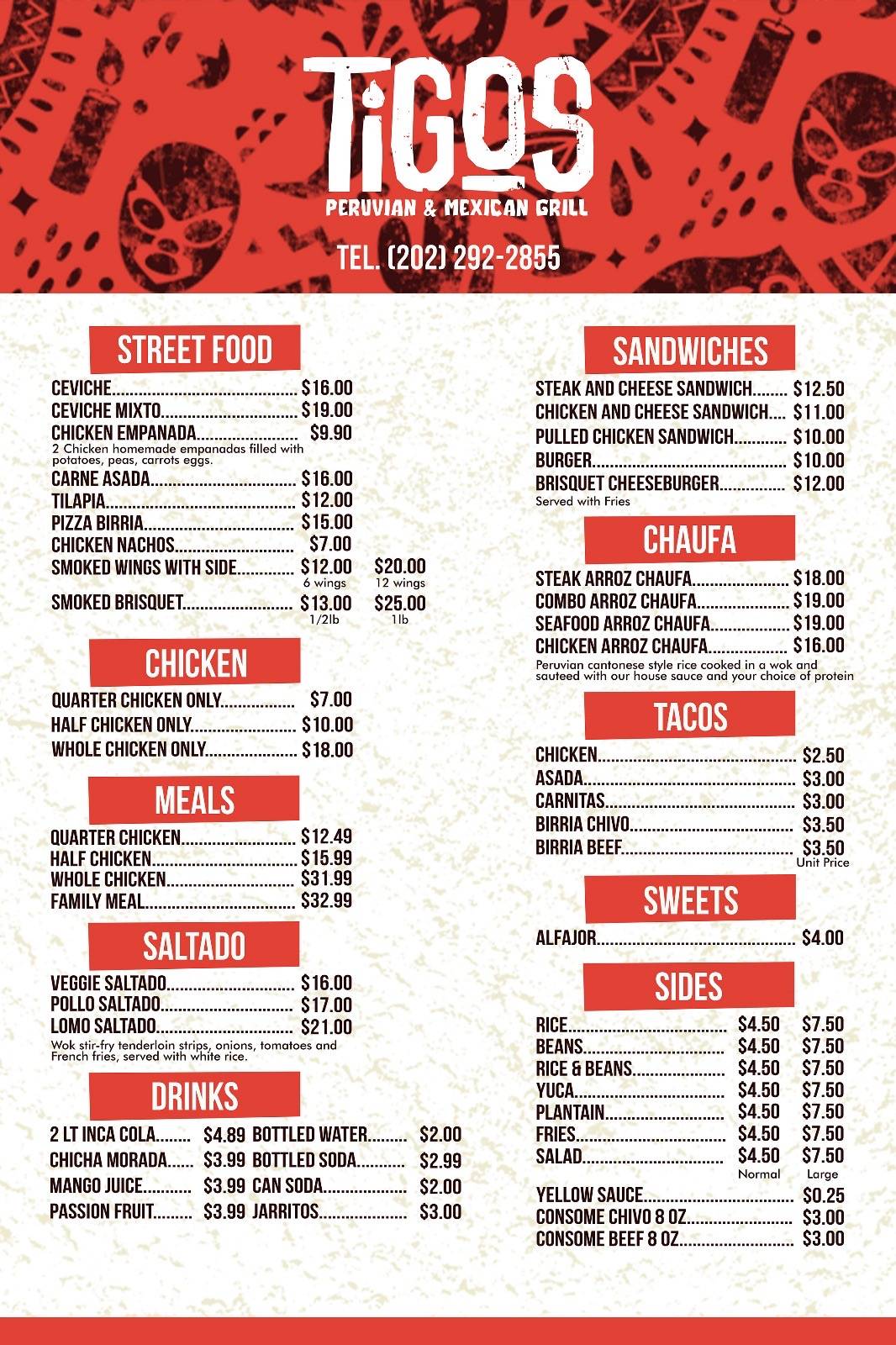 Menu at Tigo's Restaurant, Washington