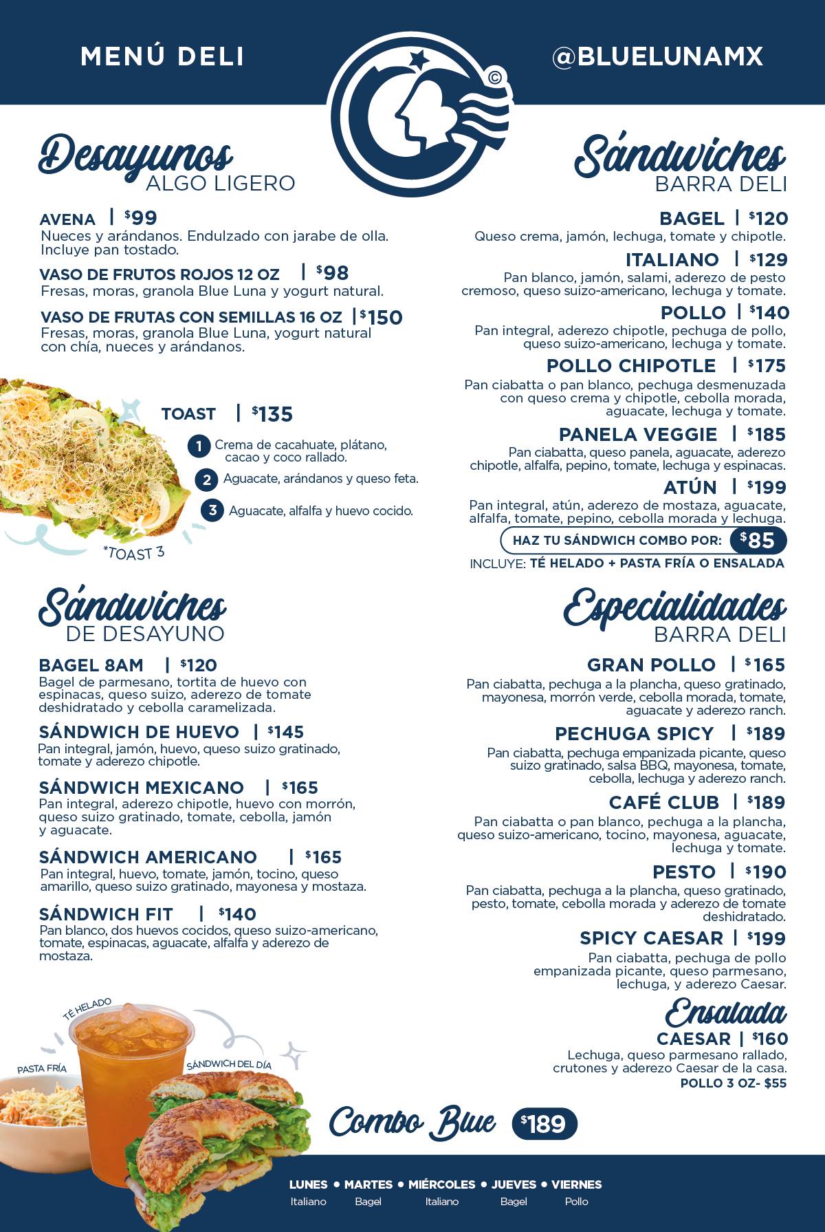 Menu at Blue Luna Café, Tijuana, Av. las Palmas 4764