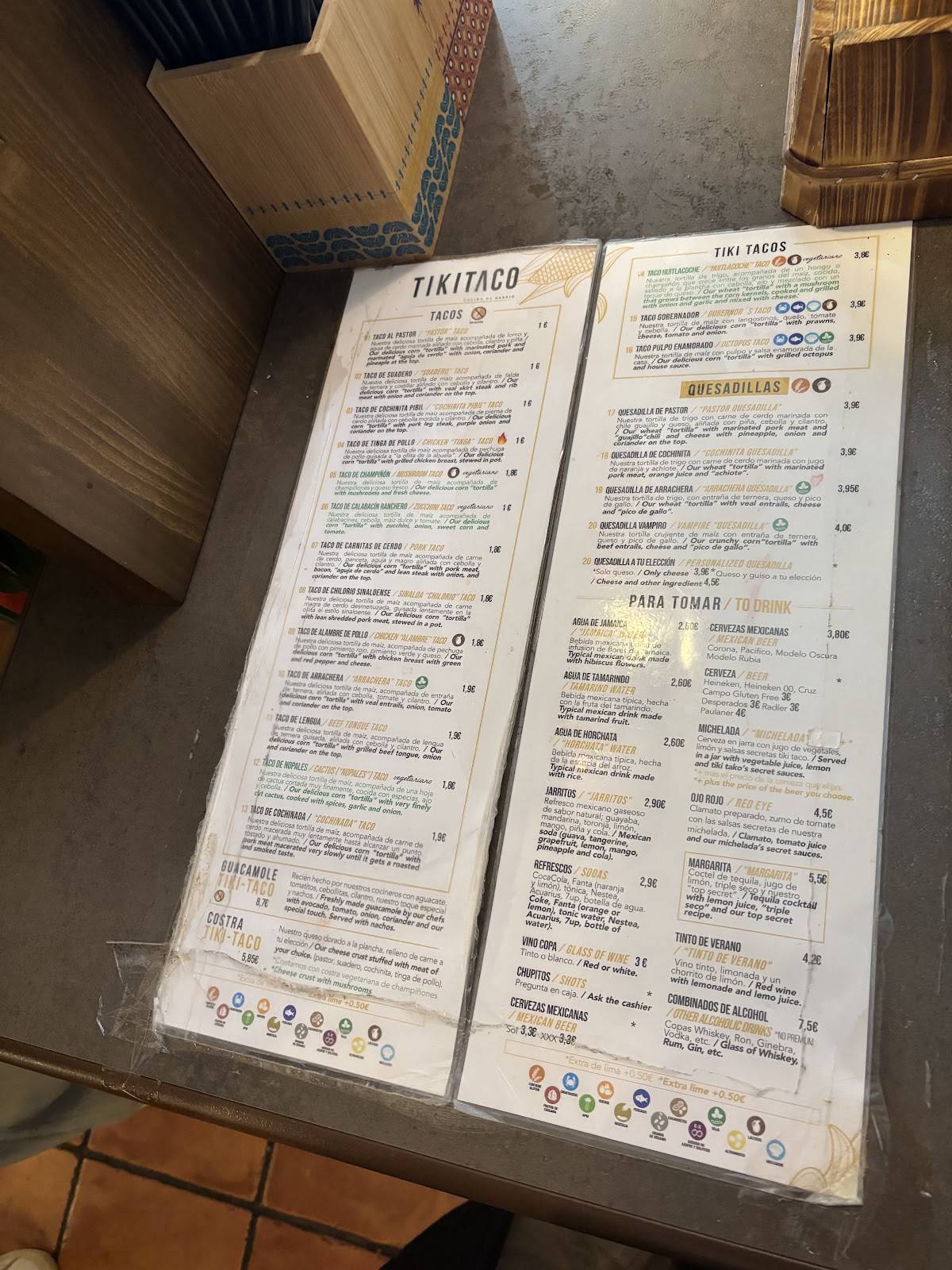 Menu at Tiki Tako restaurant, Madrid
