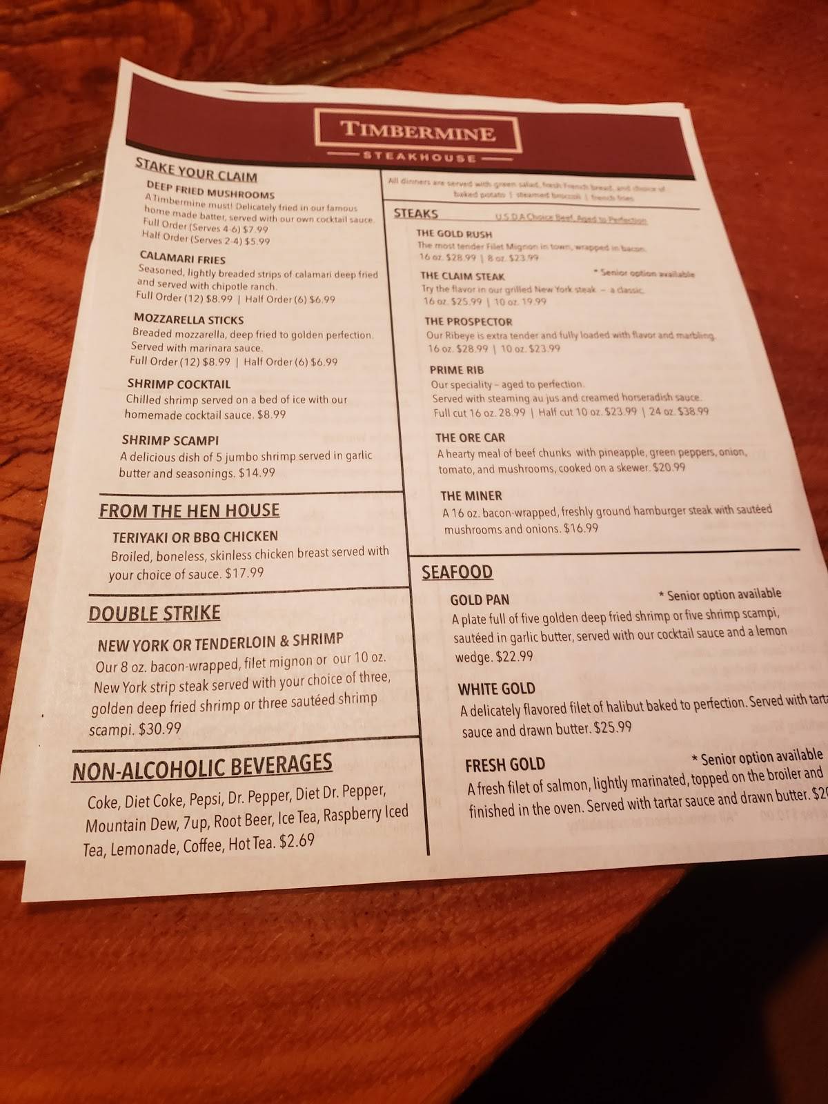 Menu at Timbermine Steakhouse, Ogden