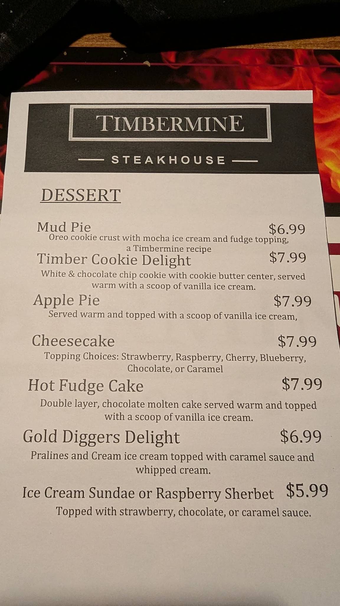 Menu at Timbermine Steakhouse, Ogden