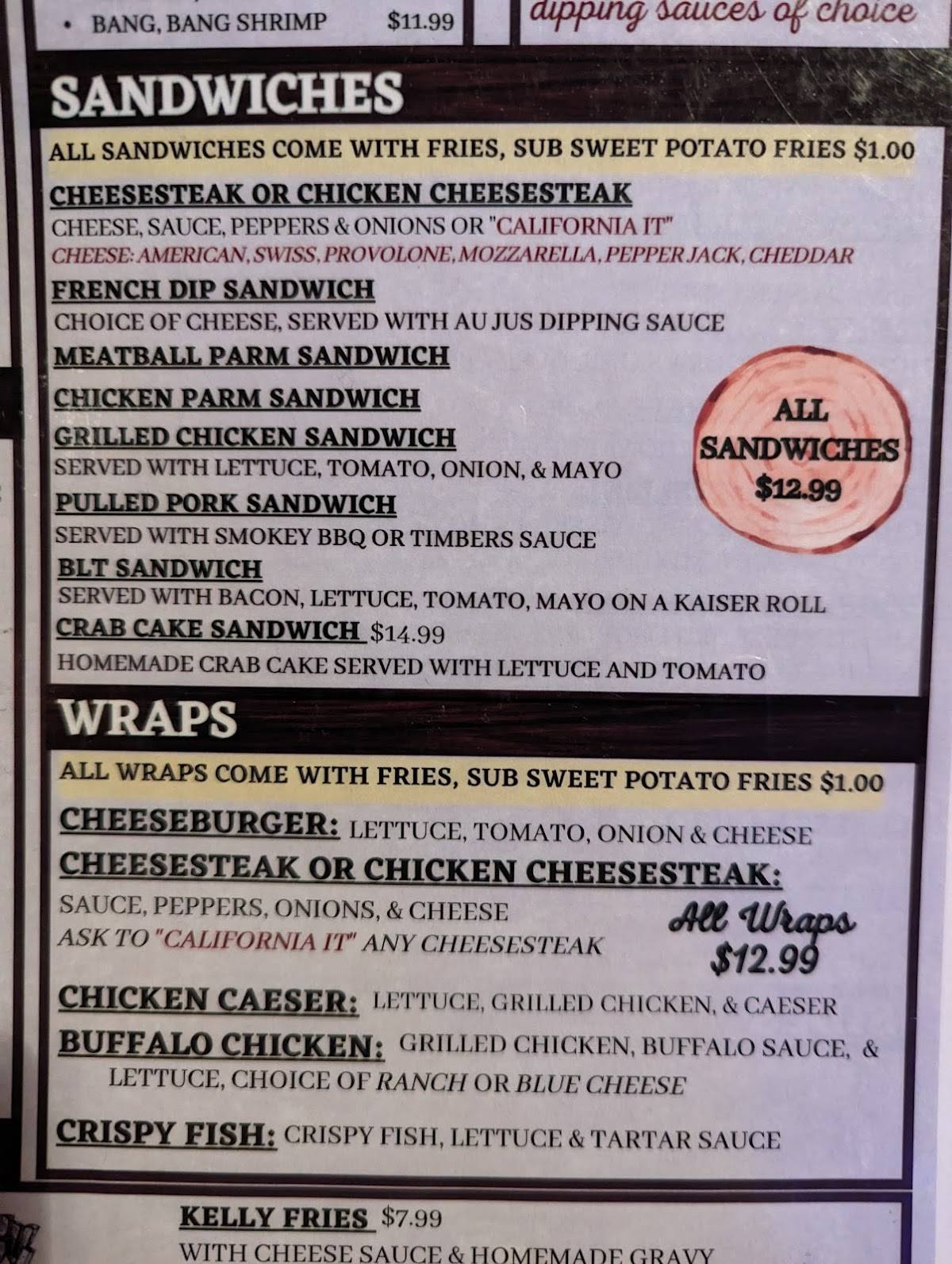 Menu at Timber's Pub & Grill, Reeders