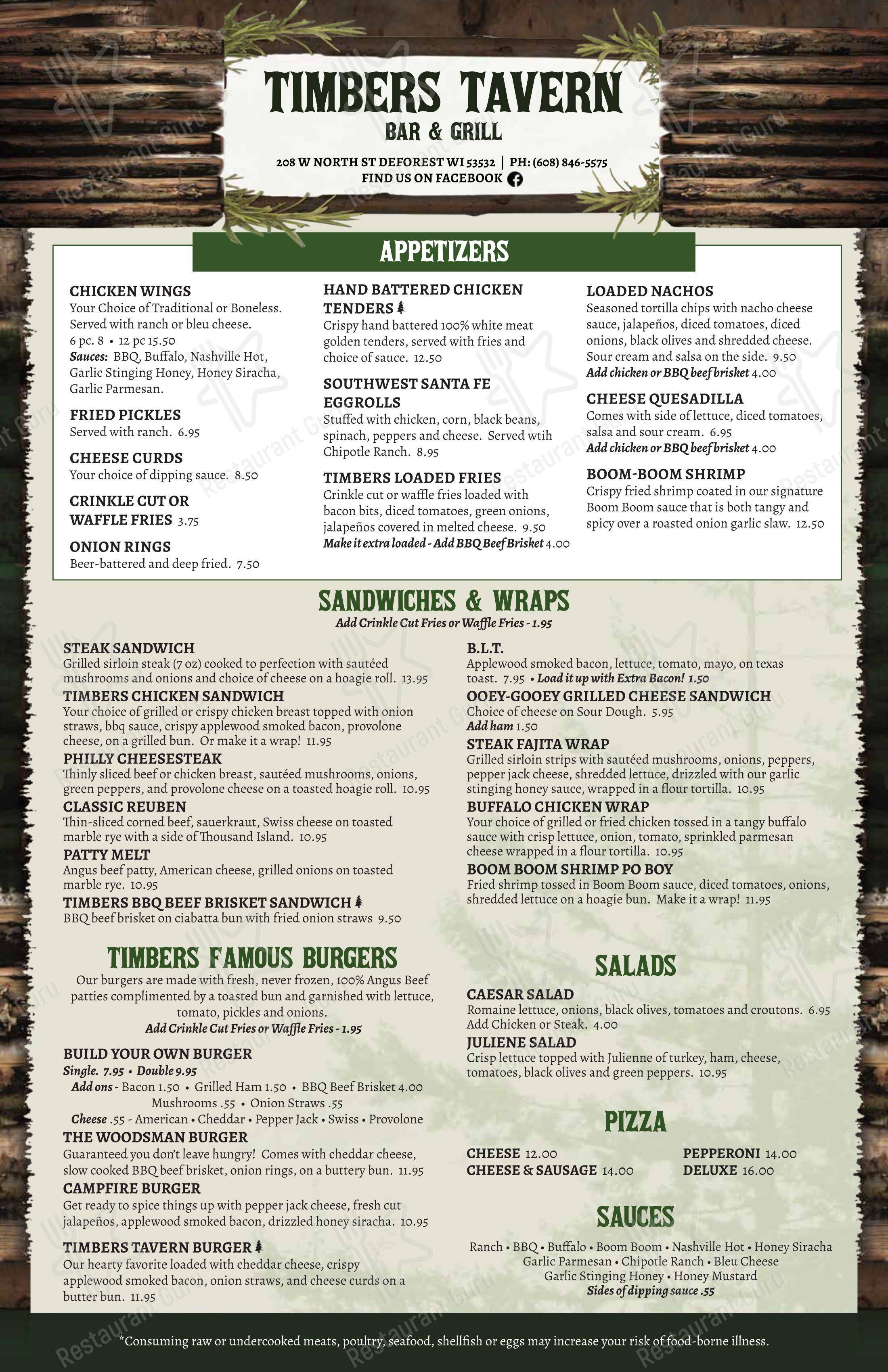 Menu at Timbers Tavern Bar & Grill, DeForest