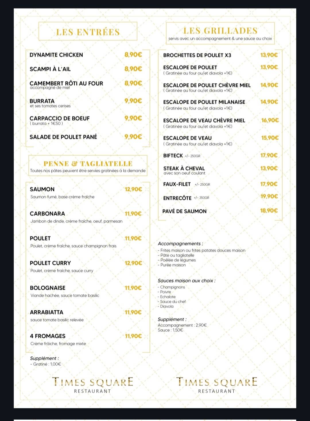 Menu au Times Square Restaurant, Roubaix