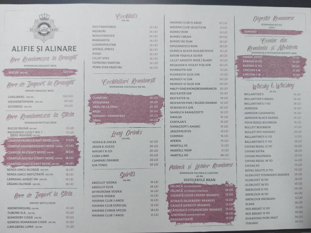 Menu at The Scotland Yard, Timișoara