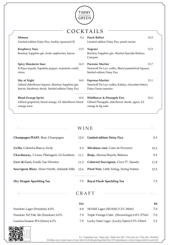 Menu at Timmy Green pub & bar, London