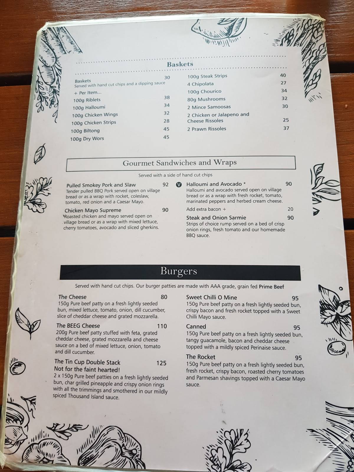 Menu at Tin Cup Driving Range and Restaurant, Johannesburg South