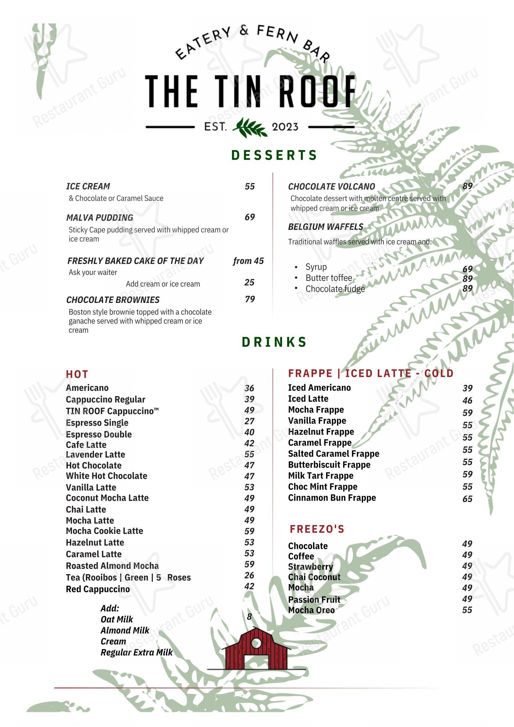 Menu at Tin Roof Restaurant / Eatery, Hartbeespoort