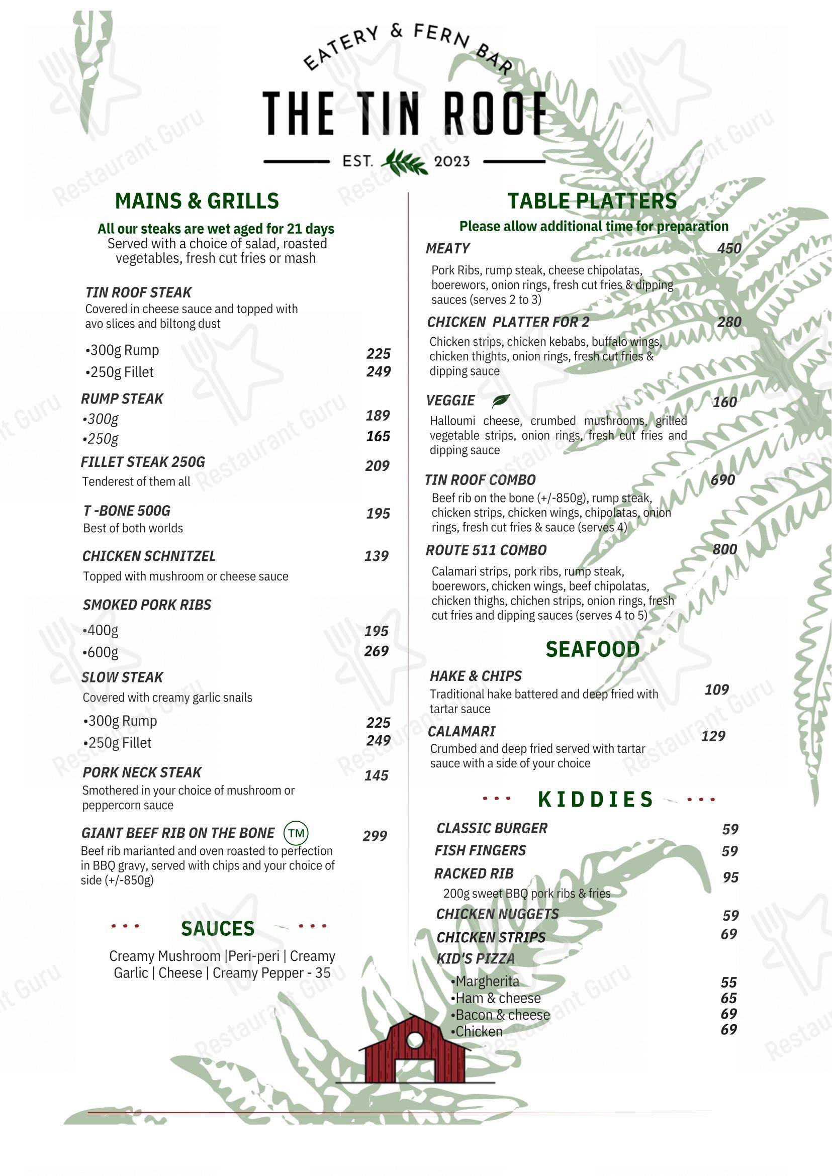 Menu at Tin Roof Restaurant / Eatery, Hartbeespoort