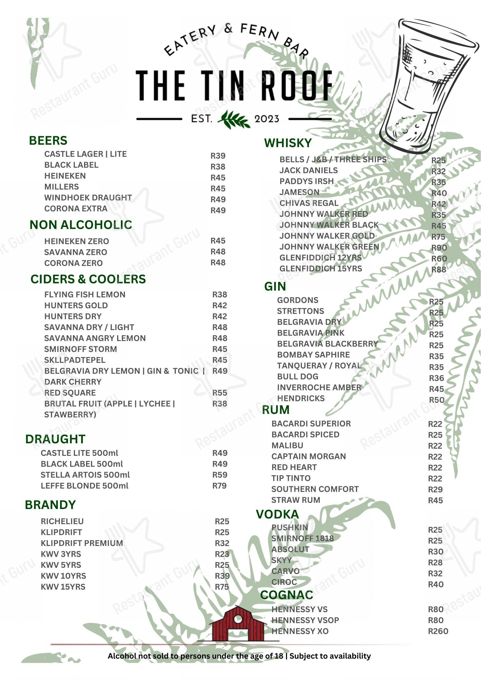 Menu at Tin Roof Restaurant / Eatery, Hartbeespoort