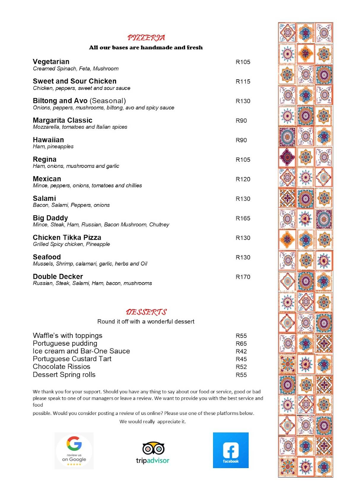 Menu at Tin Shack Restaurant, Marloth Park