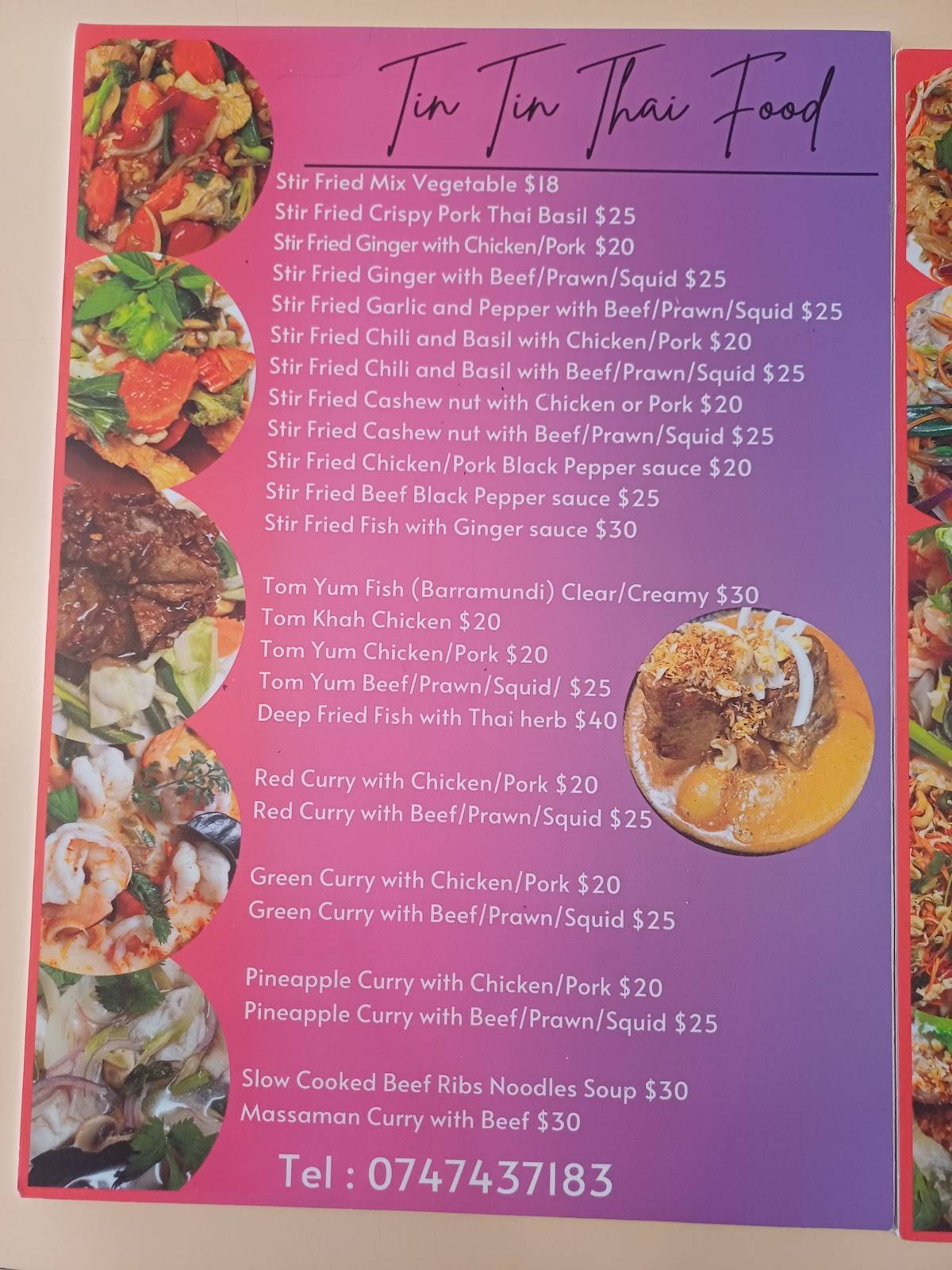Menu at TinTin Thai Food restaurant, Mount Isa
