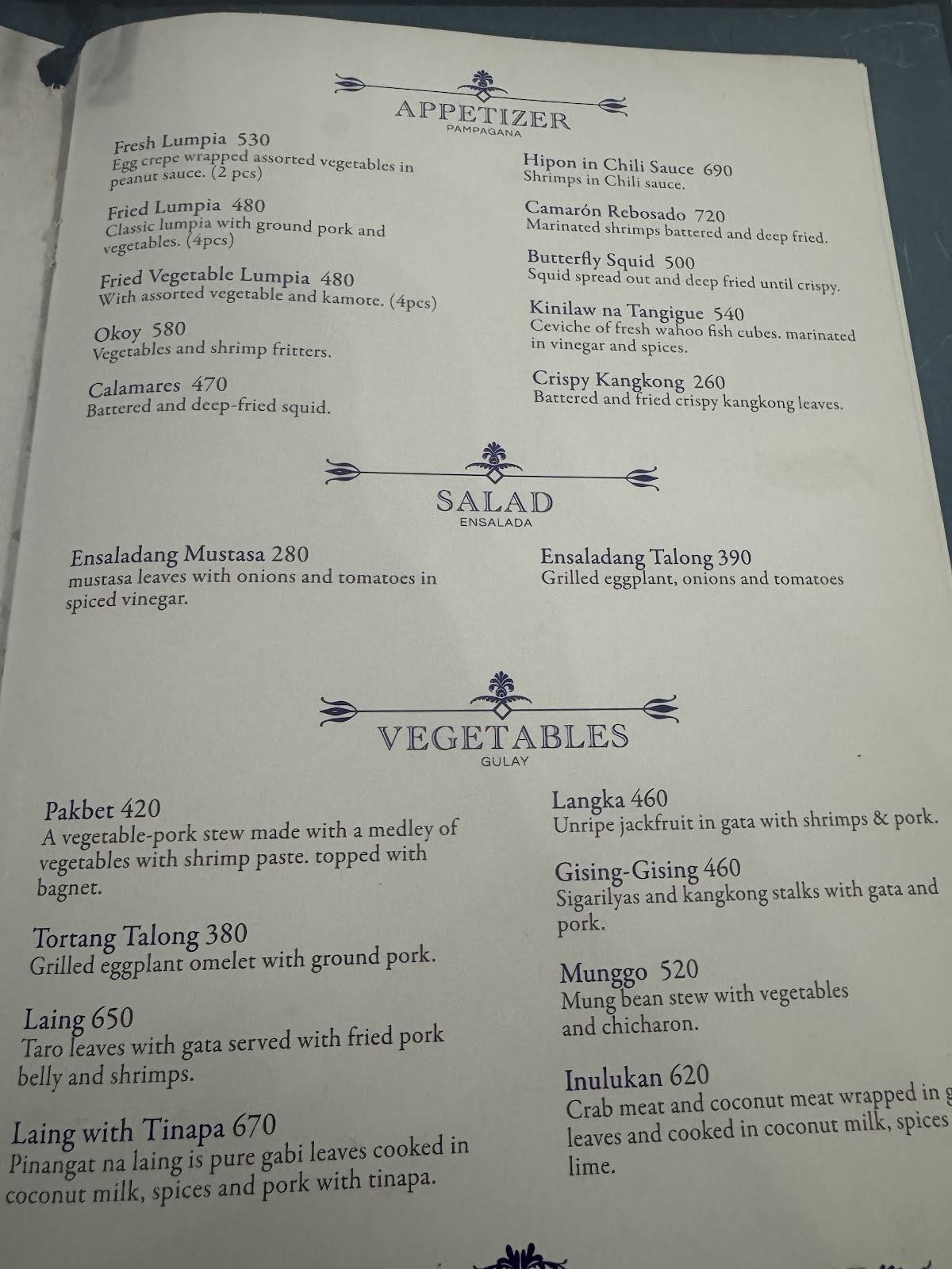 Menu at Tio Pepe restaurant, Muntinlupa
