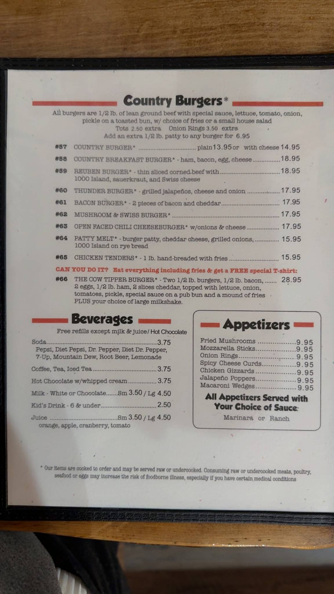 Menu at Tippy cow cafe, Billings