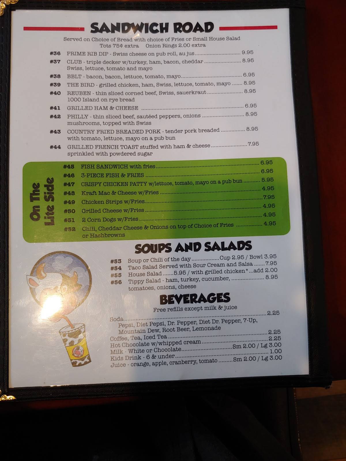 Menu at Tippy cow cafe, Billings
