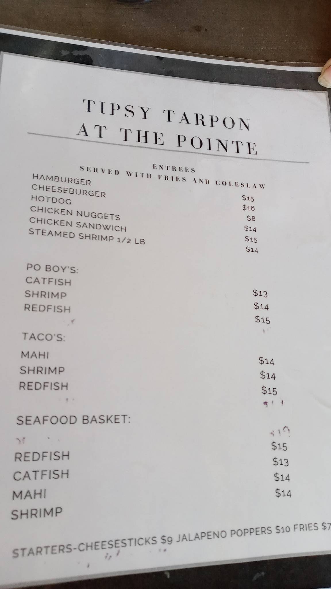 Menu at Tipsy Tarpon restaurant, Crystal River