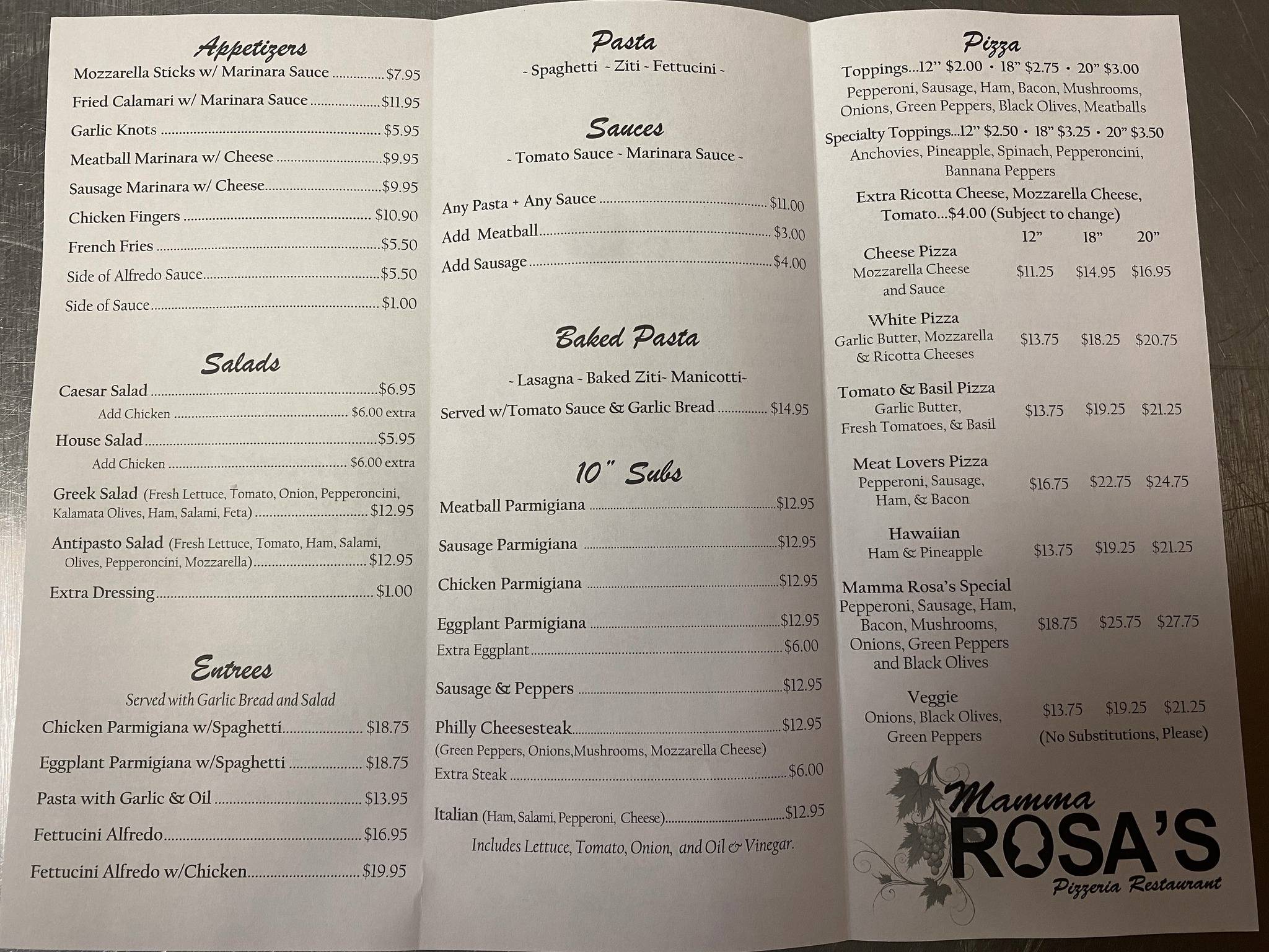 Menu at Mamma Rosa's Pizza & Restaurant, Titusville