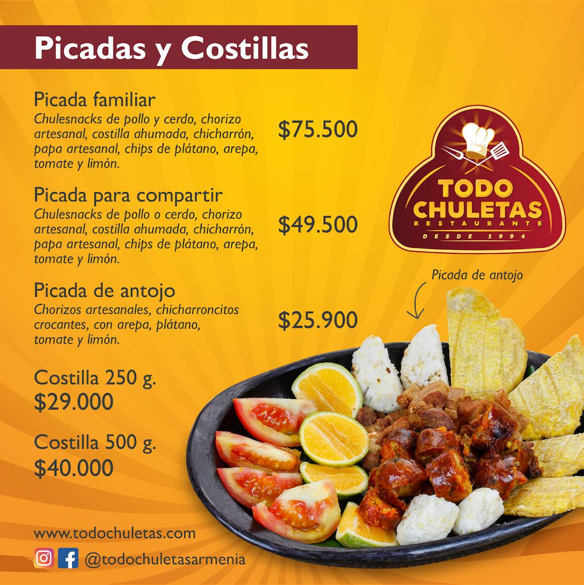 Carta del restaurante Todo Chuletas - Plaza San Luis, Armenia, Carrera 14 #18 - 56 Centro ...