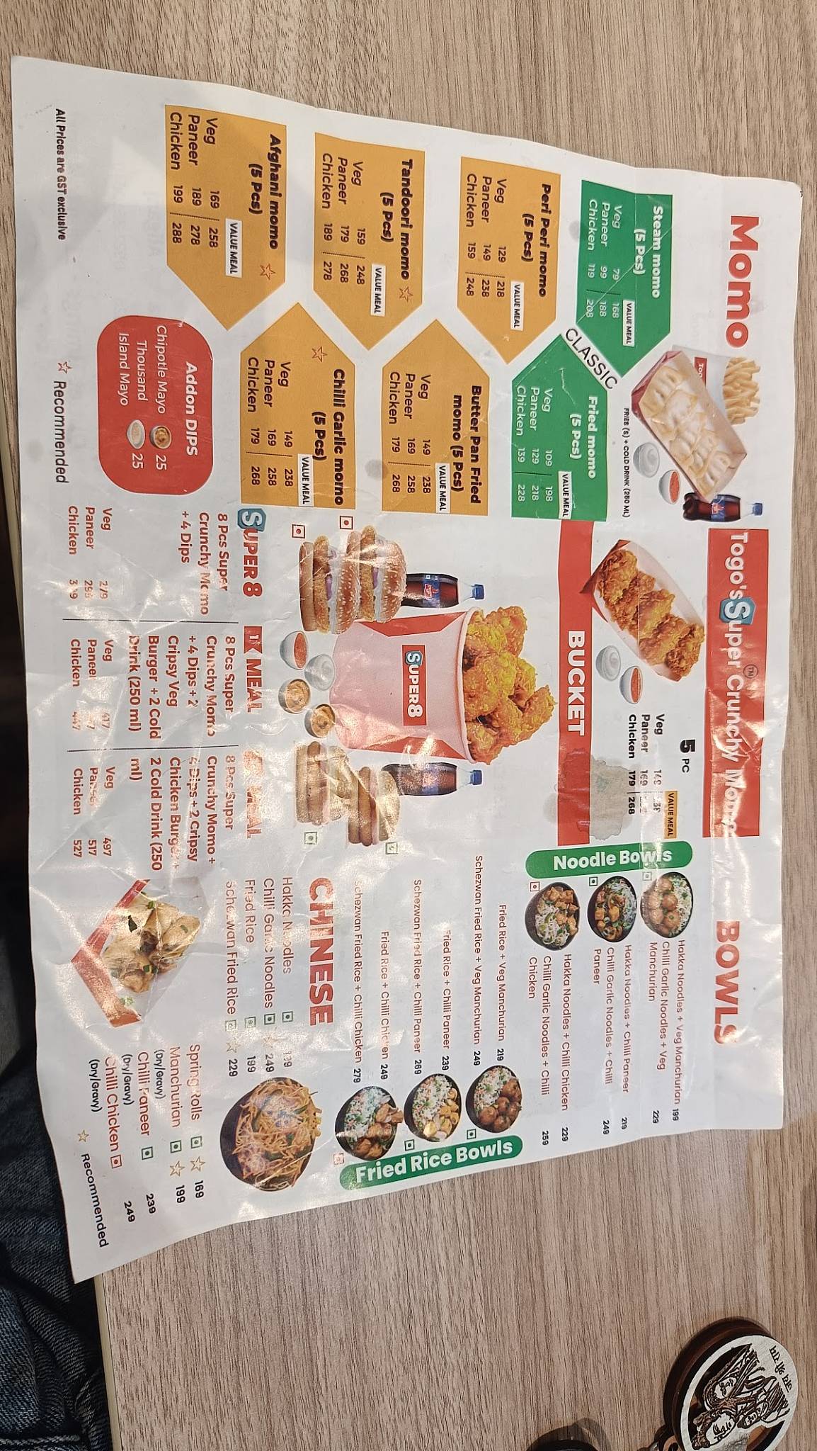 Menu at Togo's momo, Lucknow, K-830